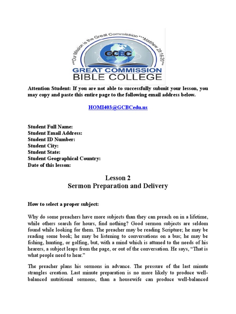 Lesson 2 Sermon Preparation and Delivery: Homi403@Gcbcedu - Us | PDF ...