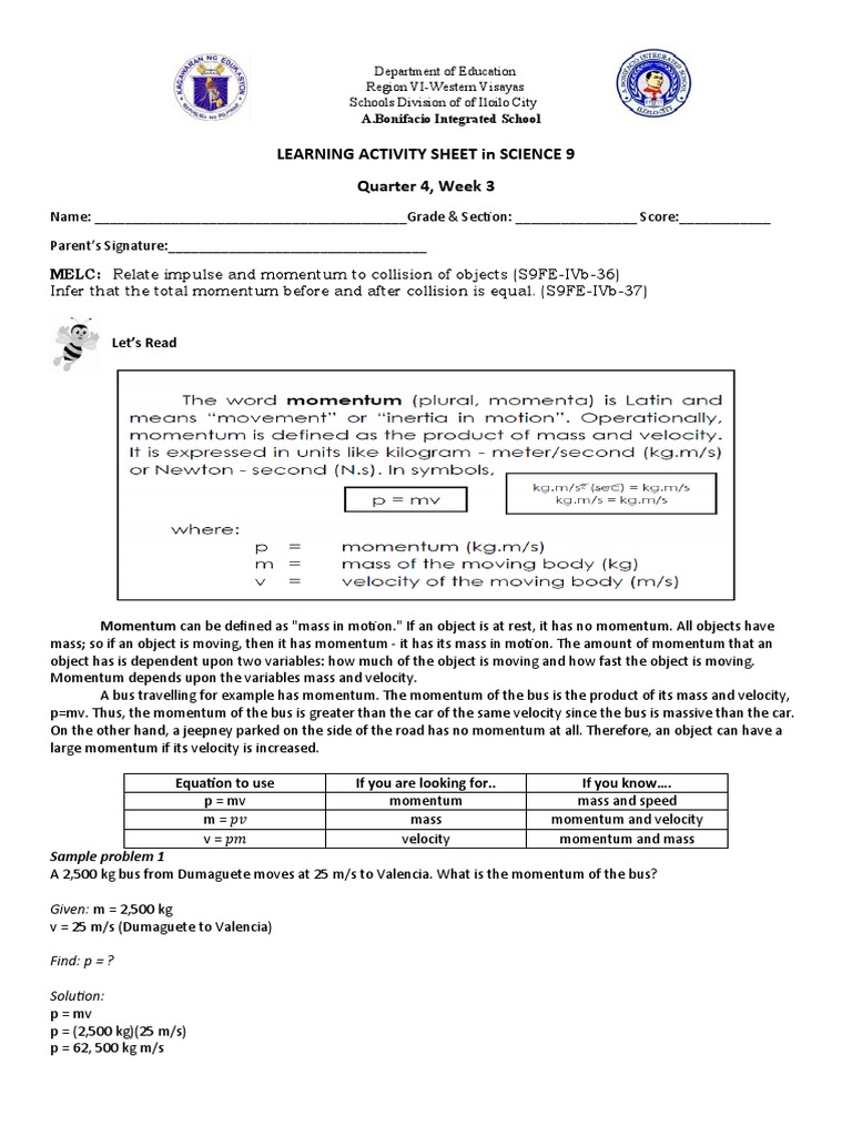 Learning Activity Sheet in Science 9 Quarter 4, Week 3 | PDF | Momentum ...