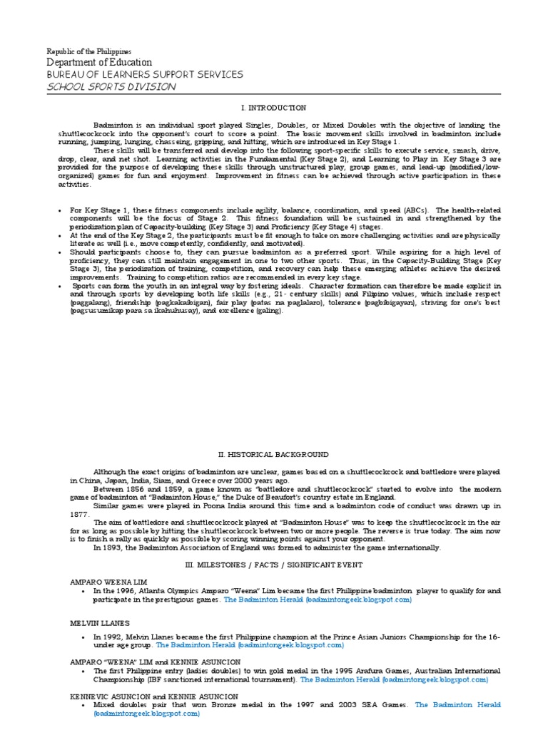 Development of Badminton Skills and Fitness Through Different Stages of ...