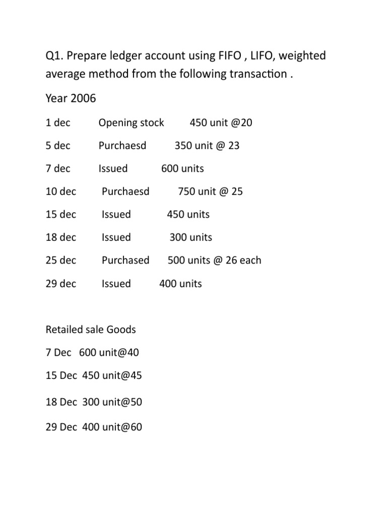 Q1. Prepare Ledger Account Using FIFO, LIFO, Weighted Average Method ...