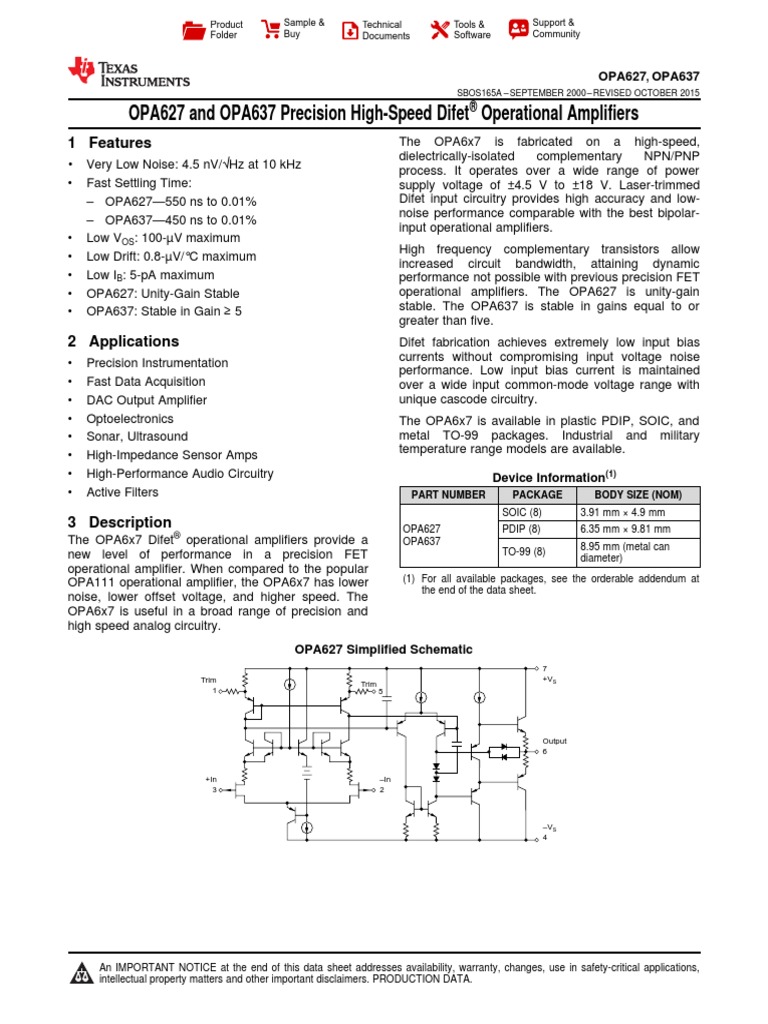 OPA627 and OPA637 Precision High-Speed Difet Operational Amplifiers | PDF | Amplifier ...