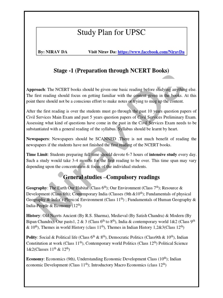 Study Plan For UPSC: Stage - 1 (Preparation Through NCERT Books) | PDF