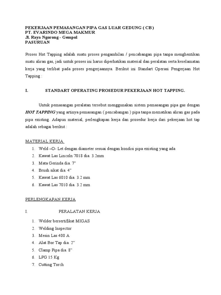 SOP Hot Tapping Eva | PDF