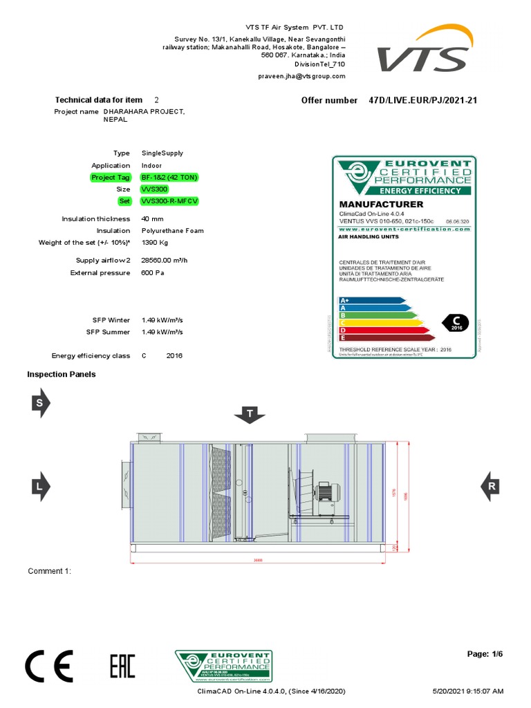 VTS AHU Technical Data Sheet | PDF | Flow Measurement | Pressure