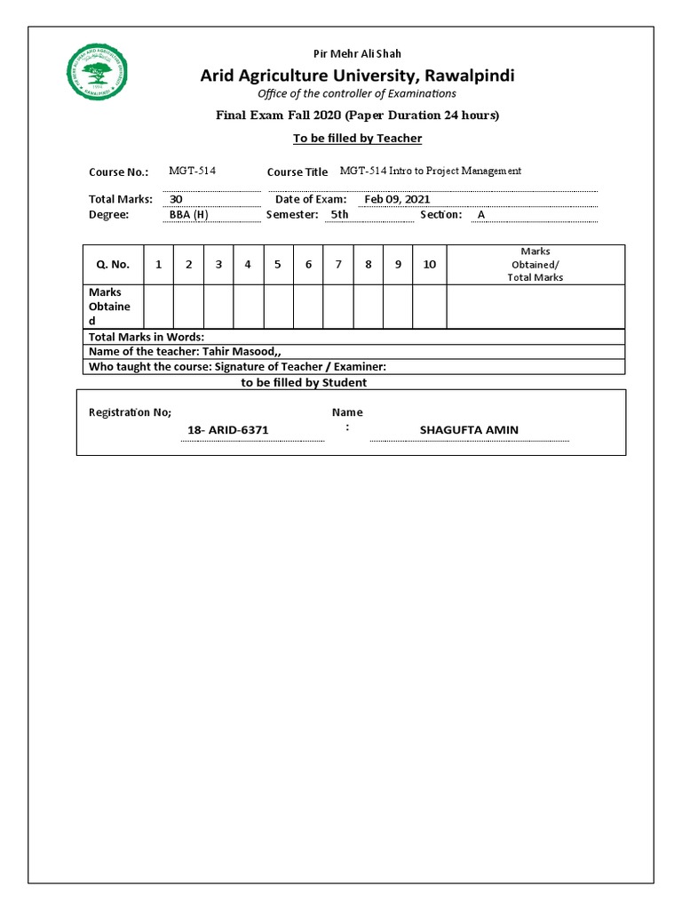 FInal Term Exam IPM (PMAS AAUR) Jan 2021 | PDF | Expert | Project ...