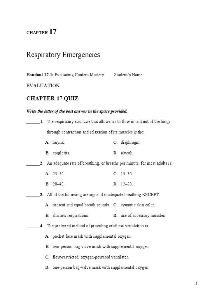 Respiratory Emergencies: Chapter 17 Quiz | PDF | Breathing | Lung