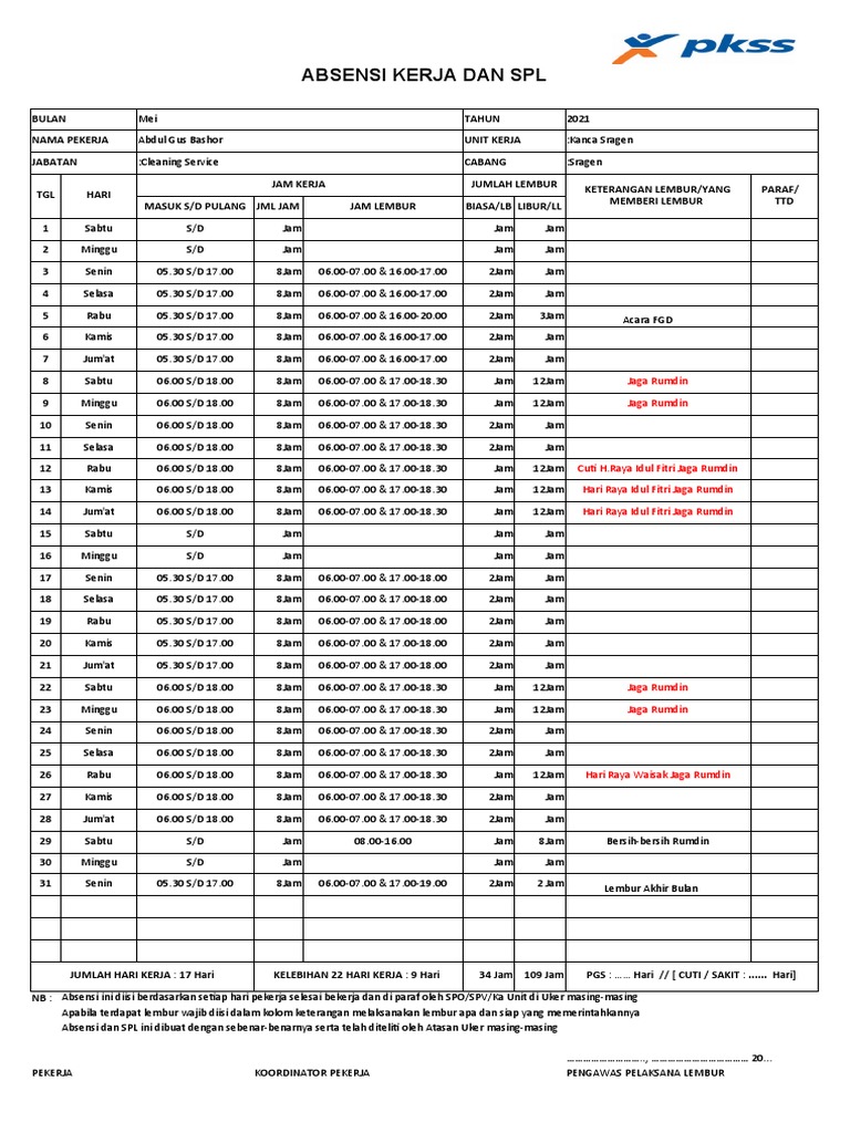 Form-Absensi Dan SPL Pekerja-2019 | PDF