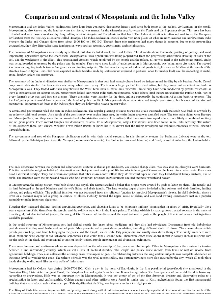 Comparison and Contrast of Mesopotamia and The Indus Valley | PDF ...