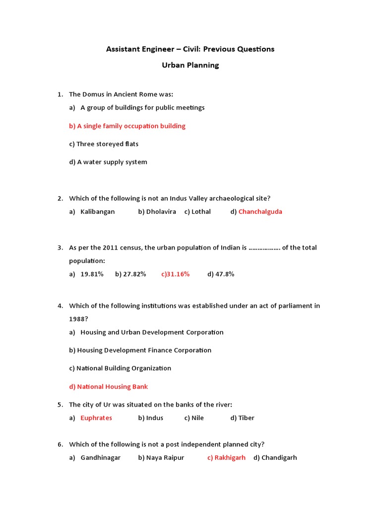 AE Civil - Urban Planning - With Answer Key | PDF | Urbanization | Planning