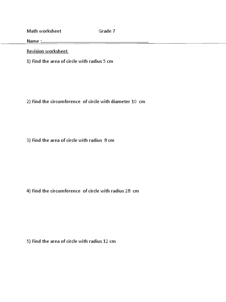 Area and Circumference of Circle Worksheet | PDF