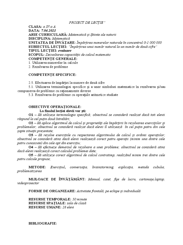 Proiect Didactic Mate Clasa IV | PDF