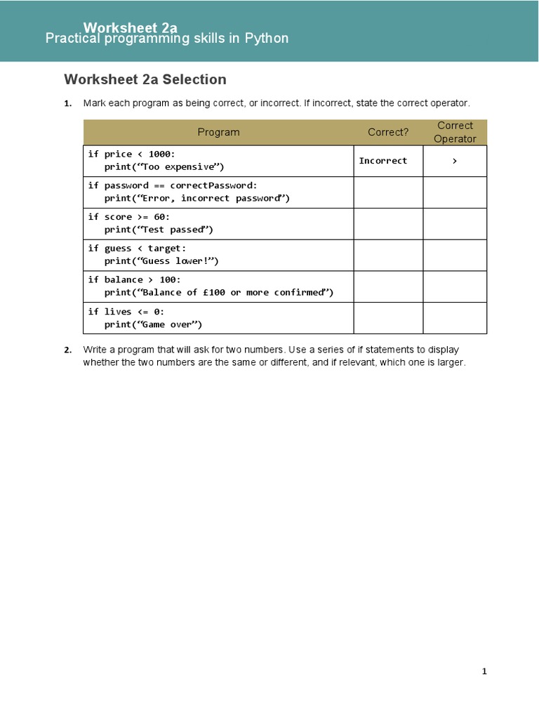 Python Skills Worksheet 2a | PDF
