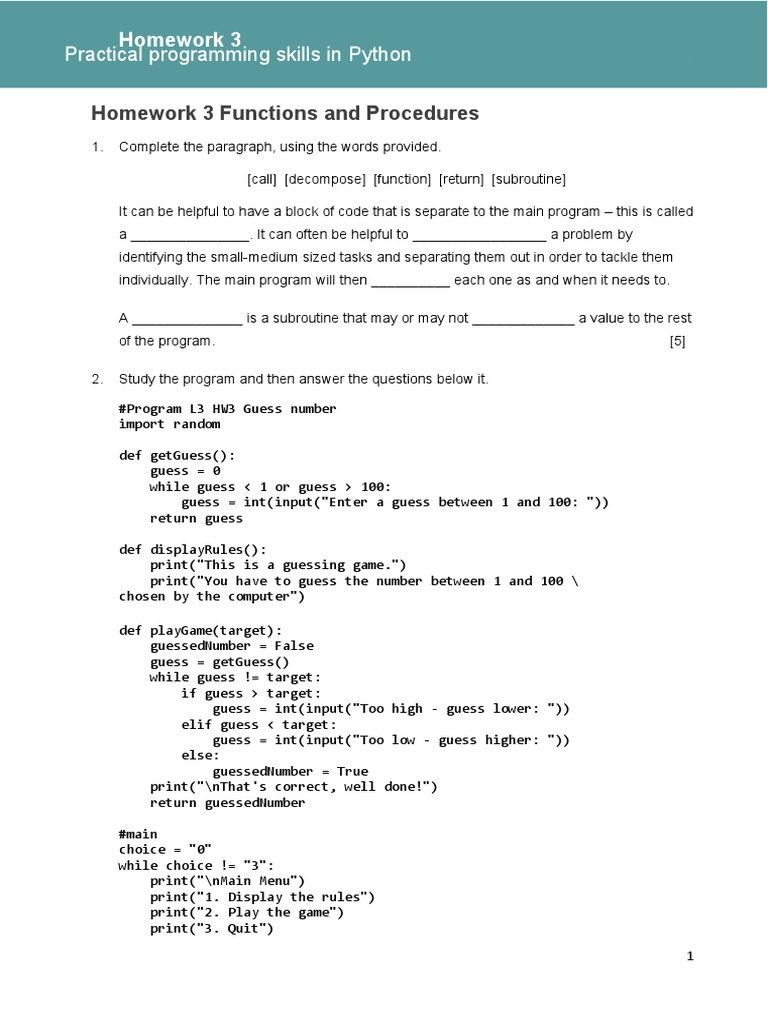 Python Skills Homework 3 Pdf Subroutine Parameter Computer Programming