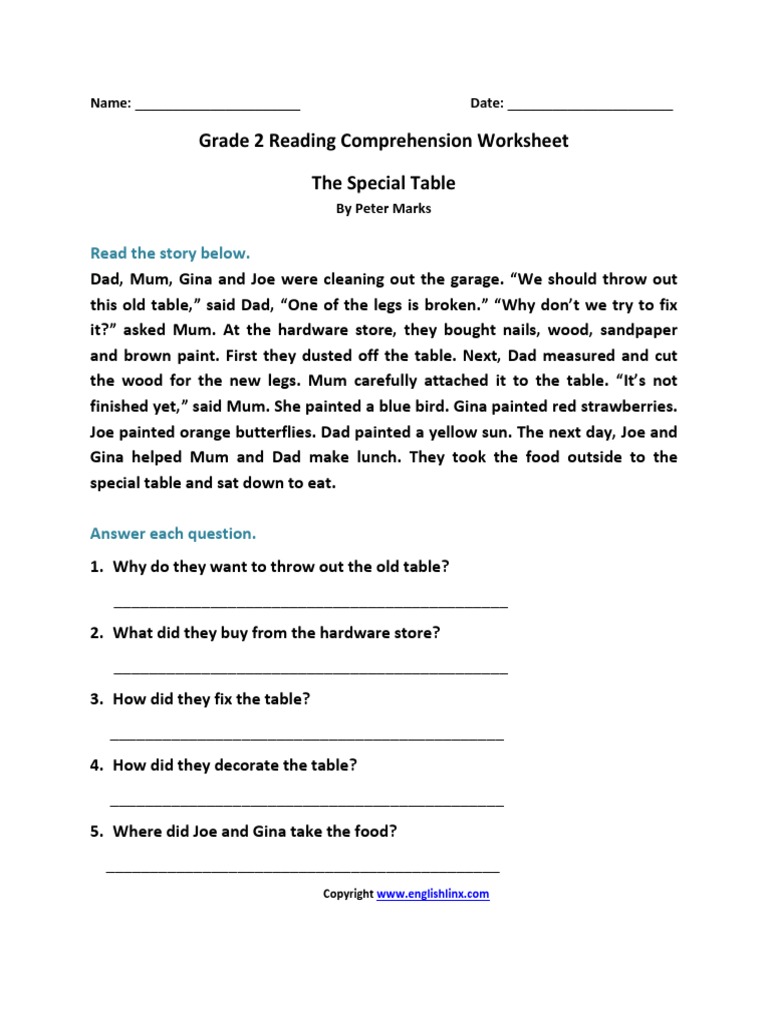 Grade 2 Reading Comprehension Worksheet The Special Table: Read The ...