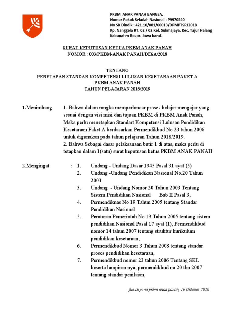 SK Penetapan Standar Kompetensi Kelulusan Program Paket A | PDF