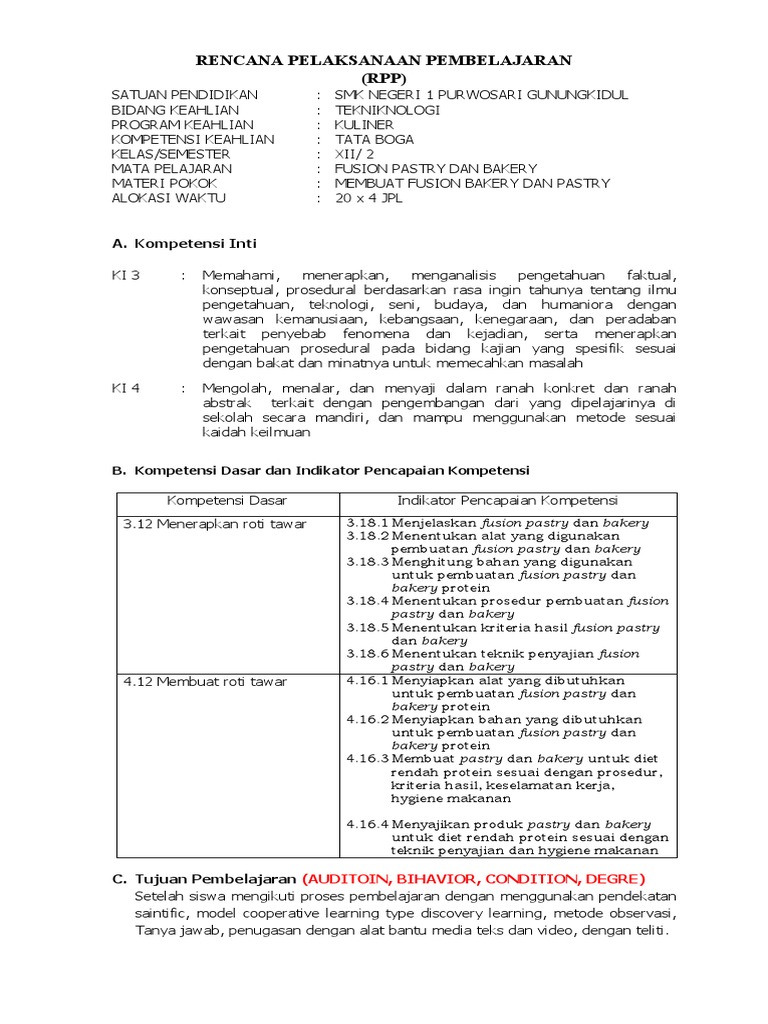 RPP Fusion Pastry dan Bakery SMK | PDF