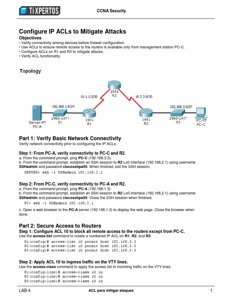 Configure Ip Acls To Mitigate Attacks: Objectives | PDF ...