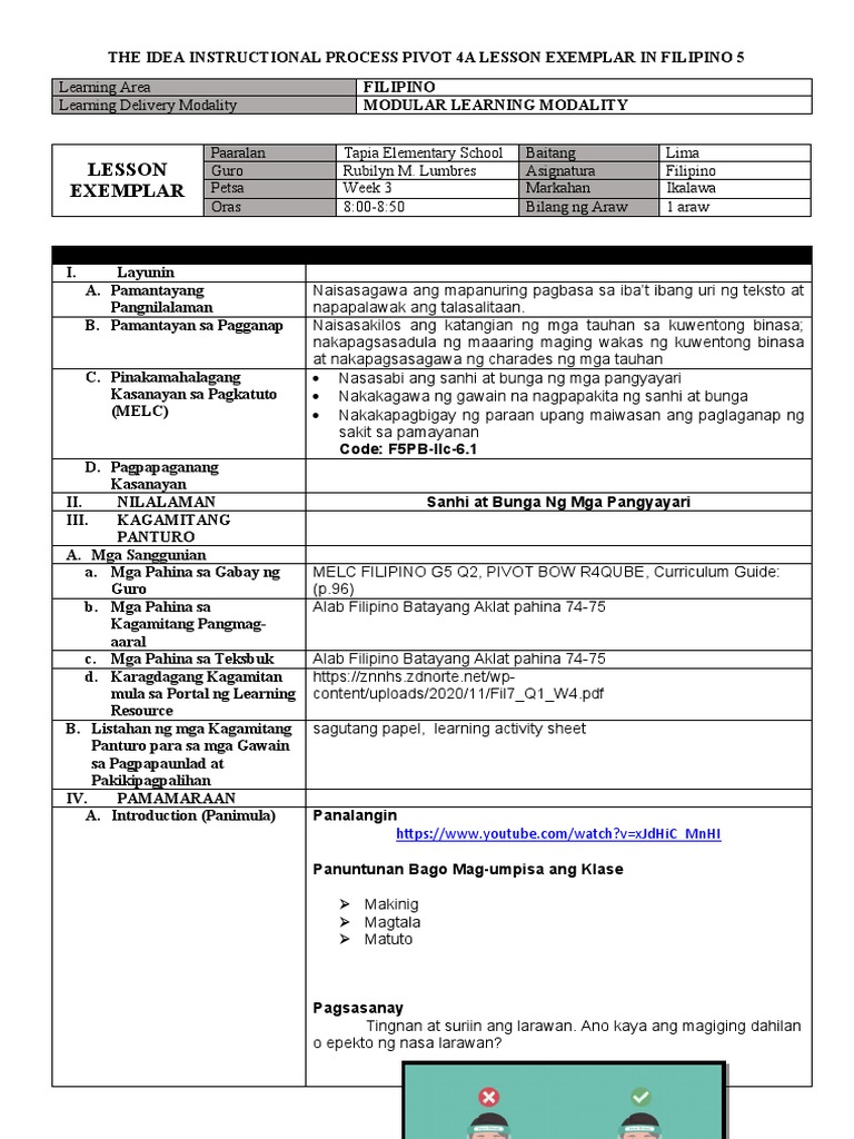 The Idea Instructional Process Pivot 4a Lesson Exemplar in Filipino 5 | PDF