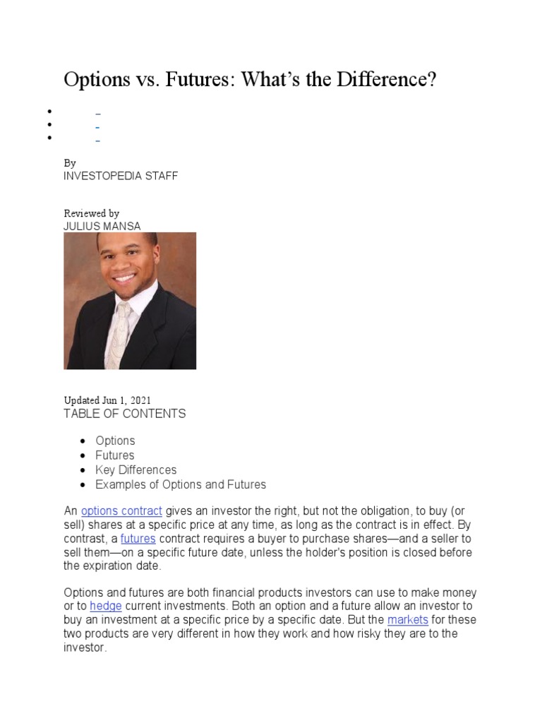 Options vs. Futures: What's The Difference?: Investopedia Staff | PDF ...