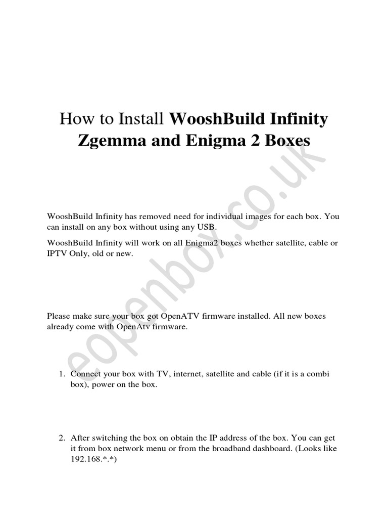 How To Install Wooshbuild Infinity: Zgemma and Enigma 2 Boxes | PDF