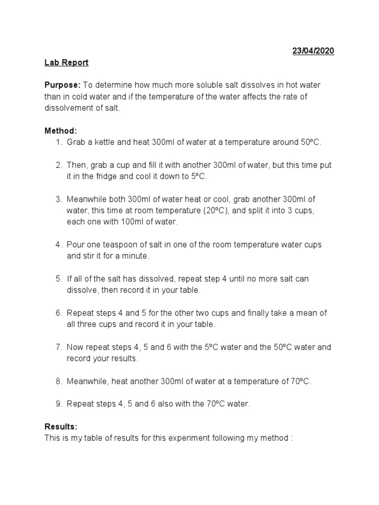 23/04/2020 Lab Report Purpose: To Determine How Much More Soluble Salt ...
