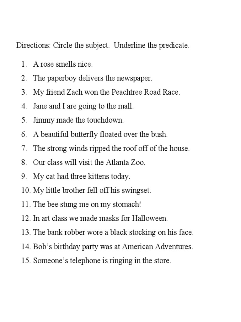 Identifying Subject And Predicate Worksheet 16282 PDF