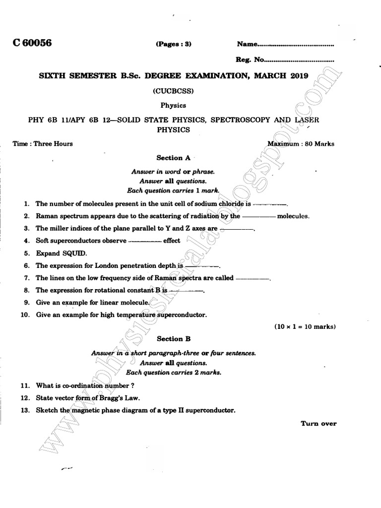 B.Sc. Physics Exam: Solid State & Laser Physics | PDF | Spectroscopy ...