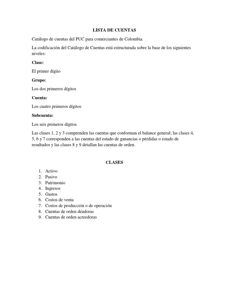 Lista de Cuentas Puc | PDF | Arrendamiento | Inversiones