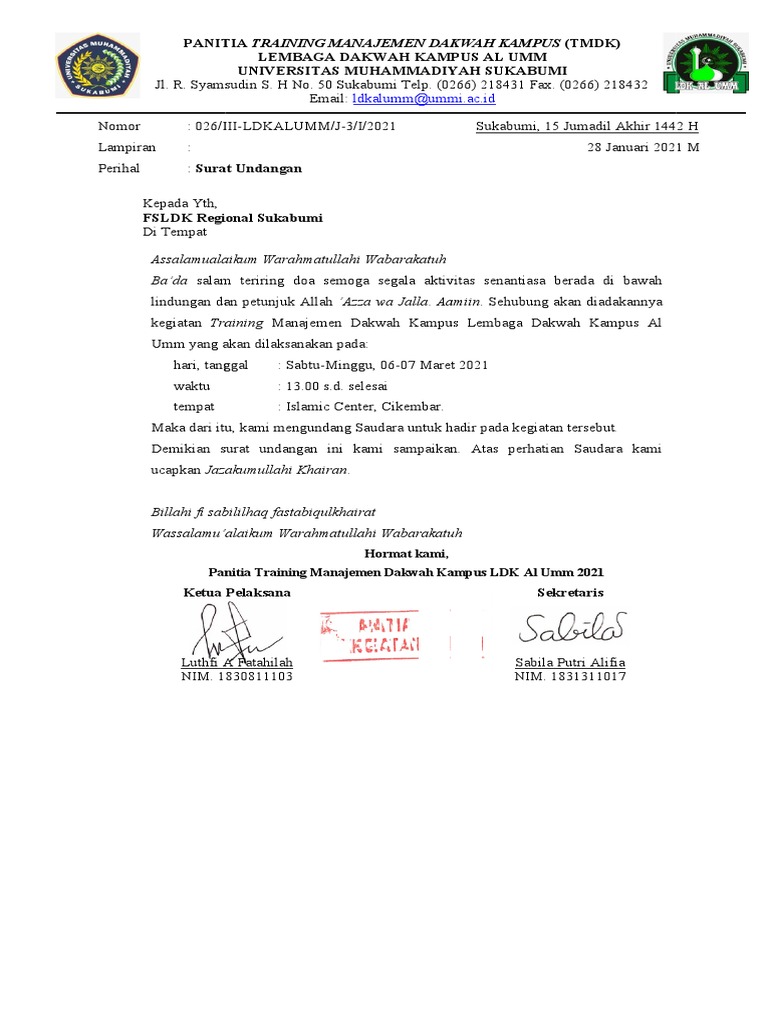 Surat Undangan (FSLDK) TMDK '21 | PDF