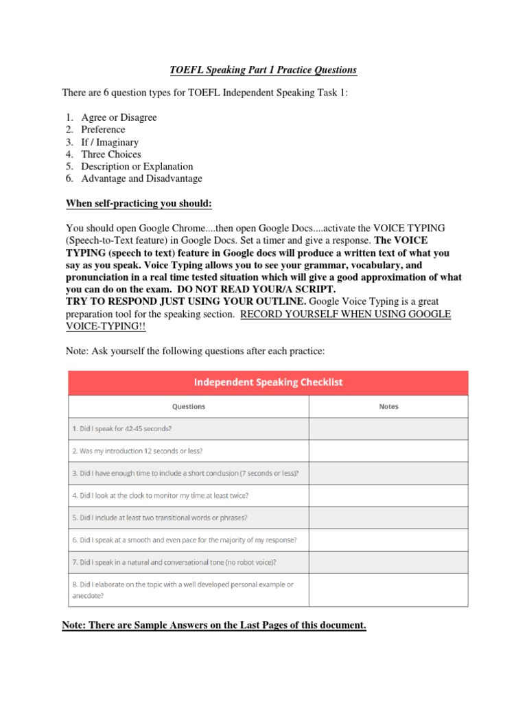 TOEFL Speaking Part 1 Practice Questions | PDF | Educational Technology ...