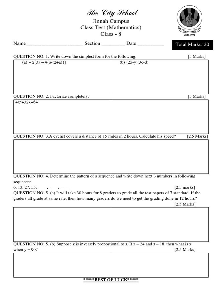 Maths Class 8 (Paper 2) (1st Test) | PDF