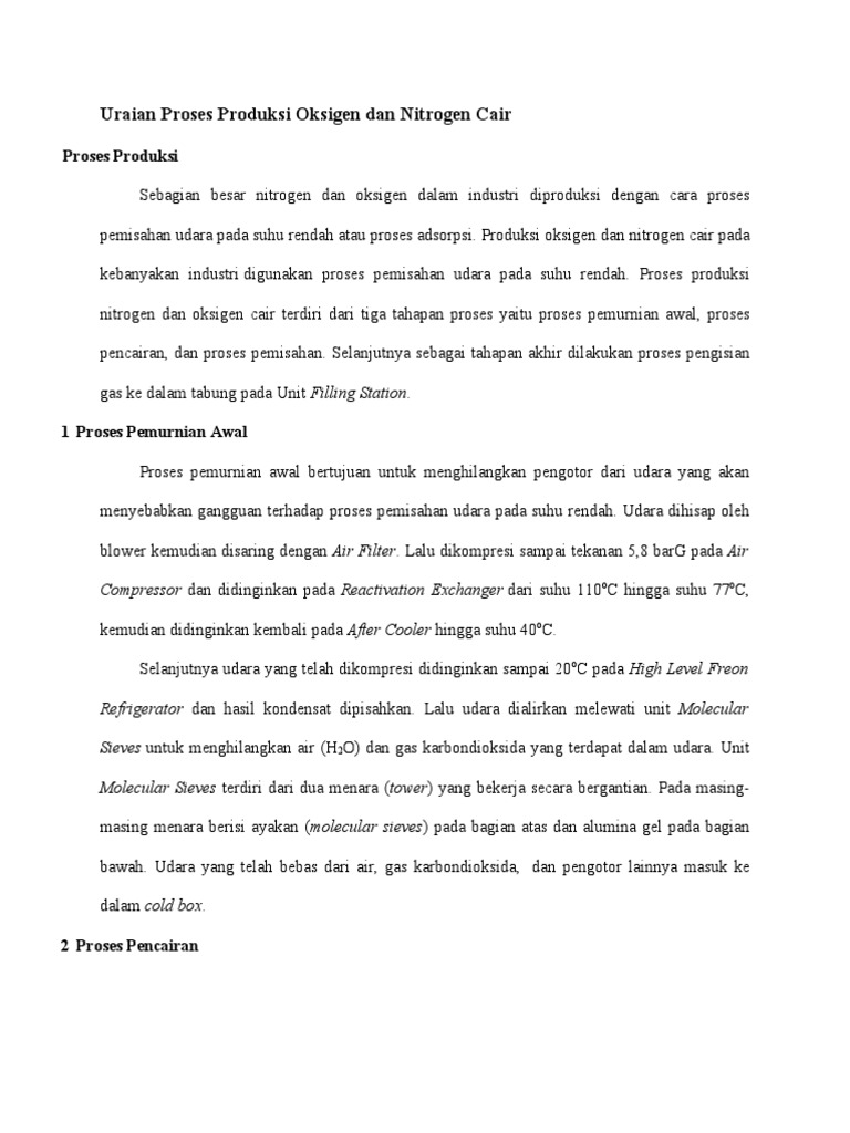 Uraian Proses Produksi Oksigen Dan Nitrogen Cair | PDF