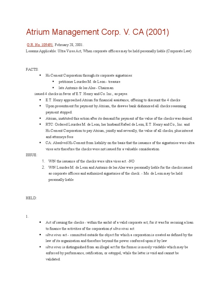 Atrium Management Corp. V. CA (2001) : G.R. No. 109491 | PDF | Payments ...
