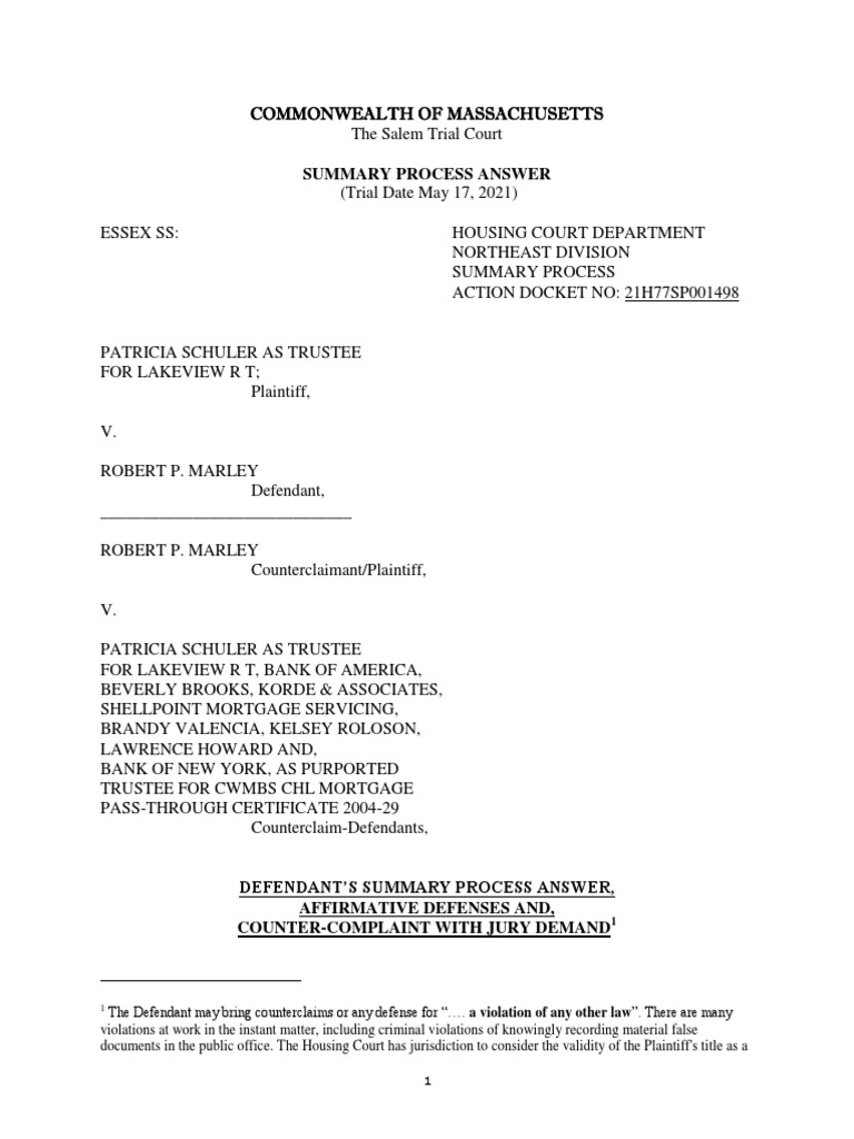 Defendant's Summary Process Answer | PDF | Foreclosure | Mortgage Law