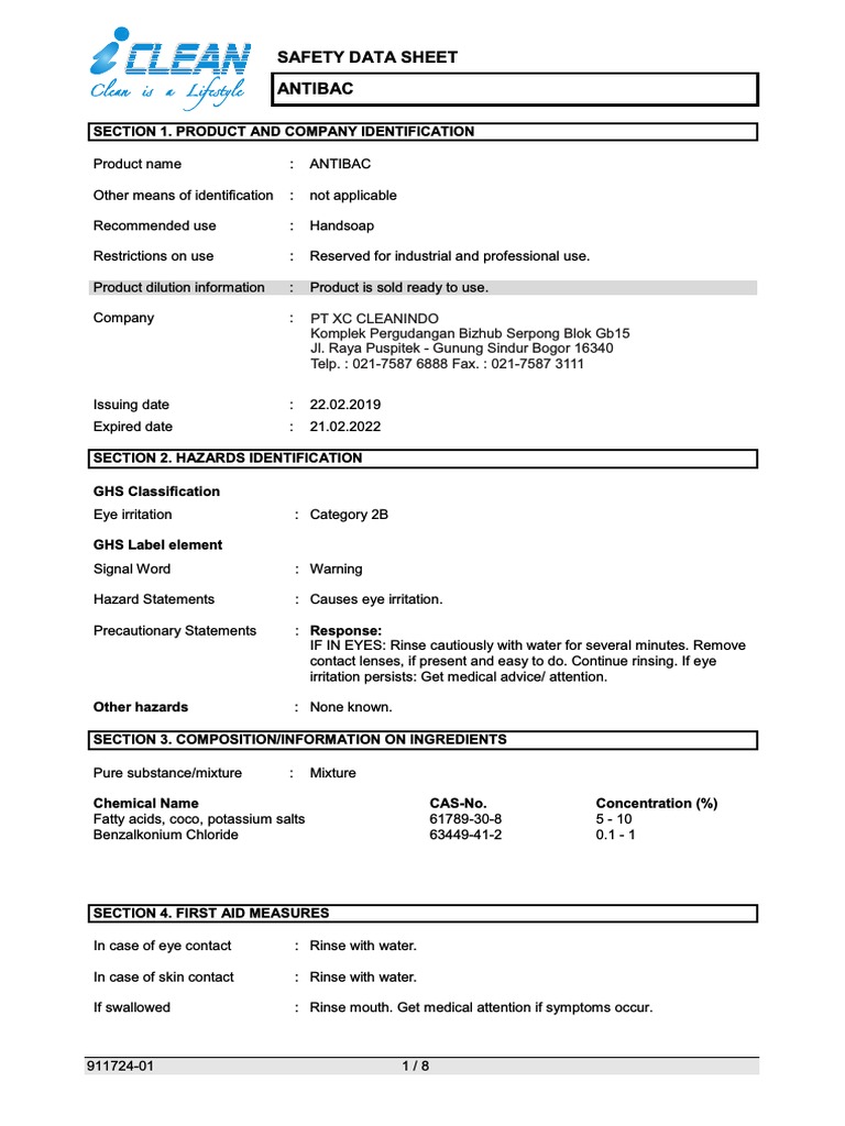 Safety Data Sheet Antibac: Section 1. Product and Company ...