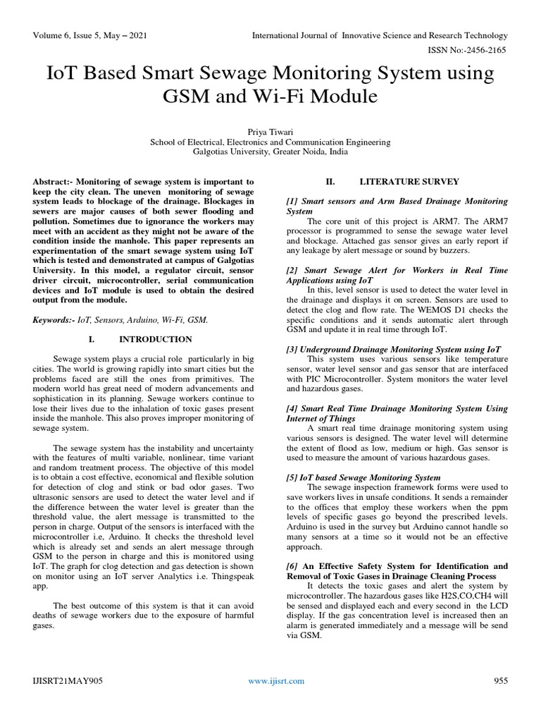 IoT Based Smart Sewage Monitoring System Using GSM and Wi-Fi Module | PDF | Internet Of Things ...