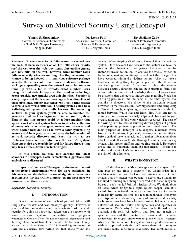 Survey On Multilevel Security Using Honeypot | PDF | Network Security | Security