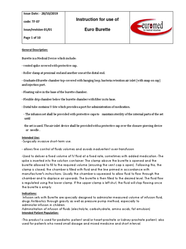 Instruction For Use of Burette | PDF | Intravenous Therapy | Chemical Substances