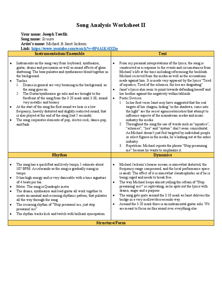 Song Analysis Worksheet II: Instrumentation/Ensemble Text | PDF | Song ...