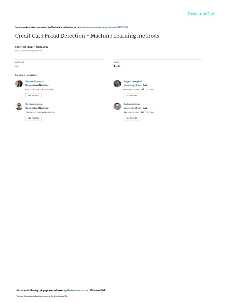 Credit Card Fraud Detection - Machine Learning Methods: March 2019 ...