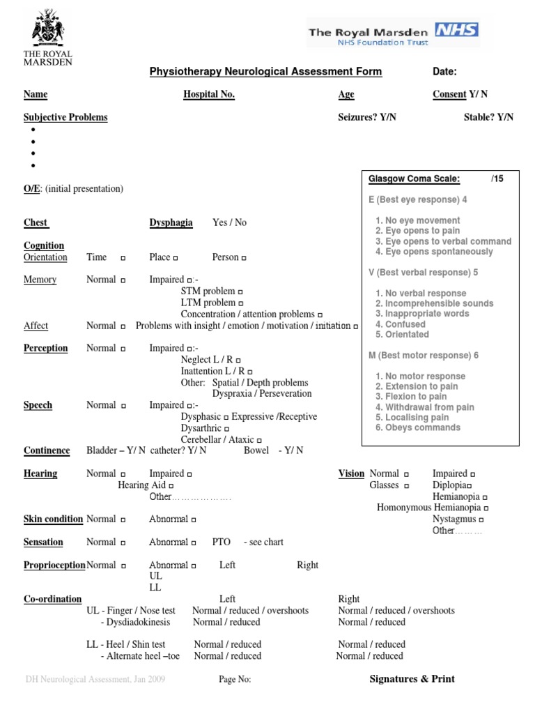 Physiotherapy Neurological Assessment Form: Glasgow Coma Scale: /15 ...