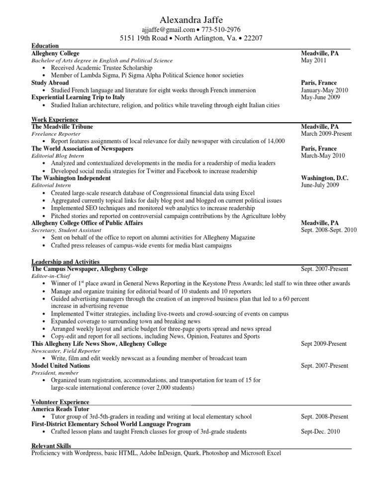 Alexandra Jaffe Resume | PDF | Newspapers | News