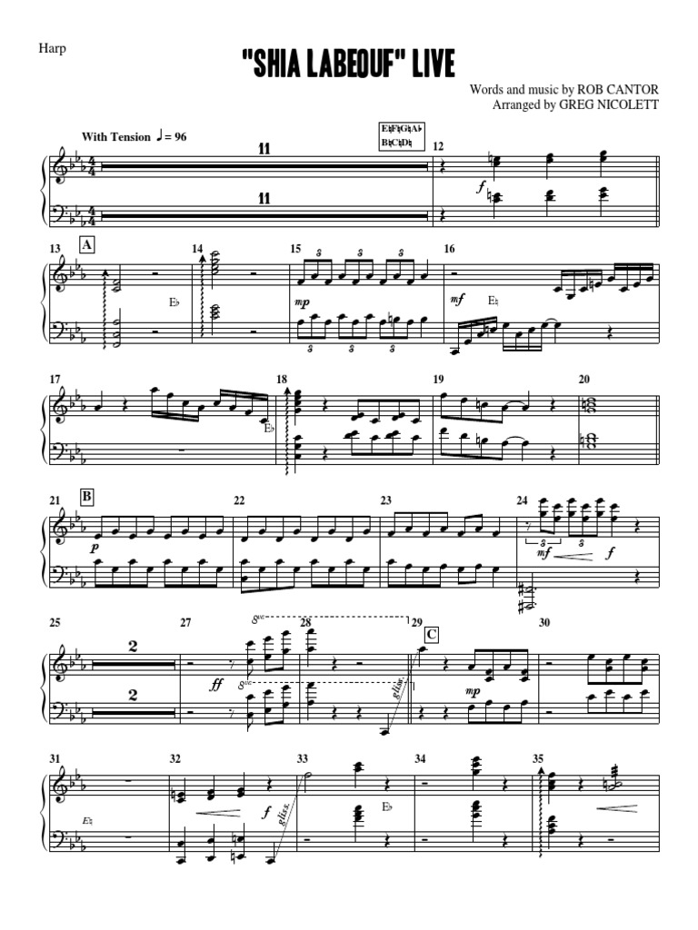 Rob Cantor - Sheet Music - SHIA LABEOUF - LIVE - Full Score - Harp ...