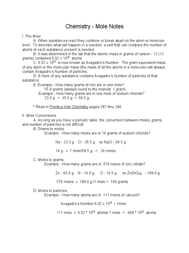Chemistry - Mole Notes | PDF | Mole (Unit) | Molecules