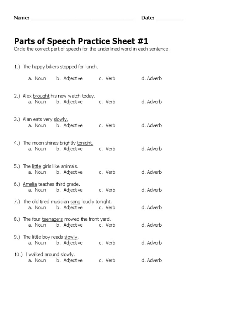 Parts of Speech Practice Sheets | PDF | Adverb | Adjective