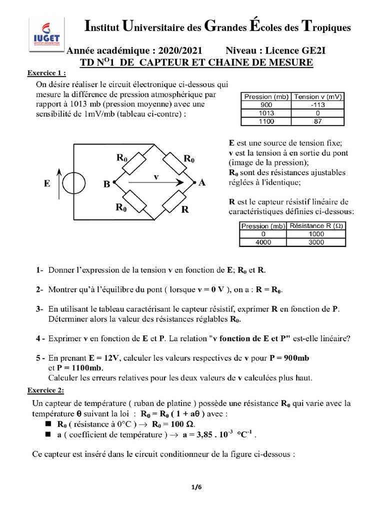 TD Capteurs et Chaîne de Mesure 2021 | PDF | Méthodes et références pédagogiques | Sciences et ...