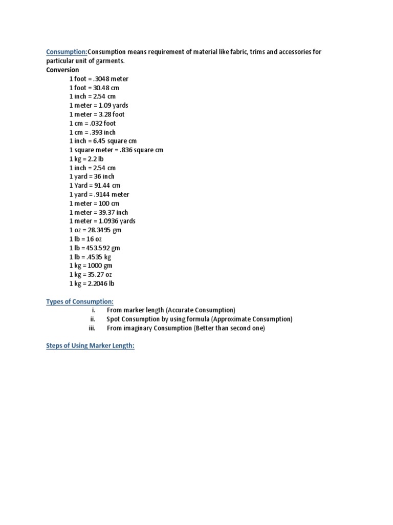 Garment Fabric Consumption Guide | PDF | Length | Inch