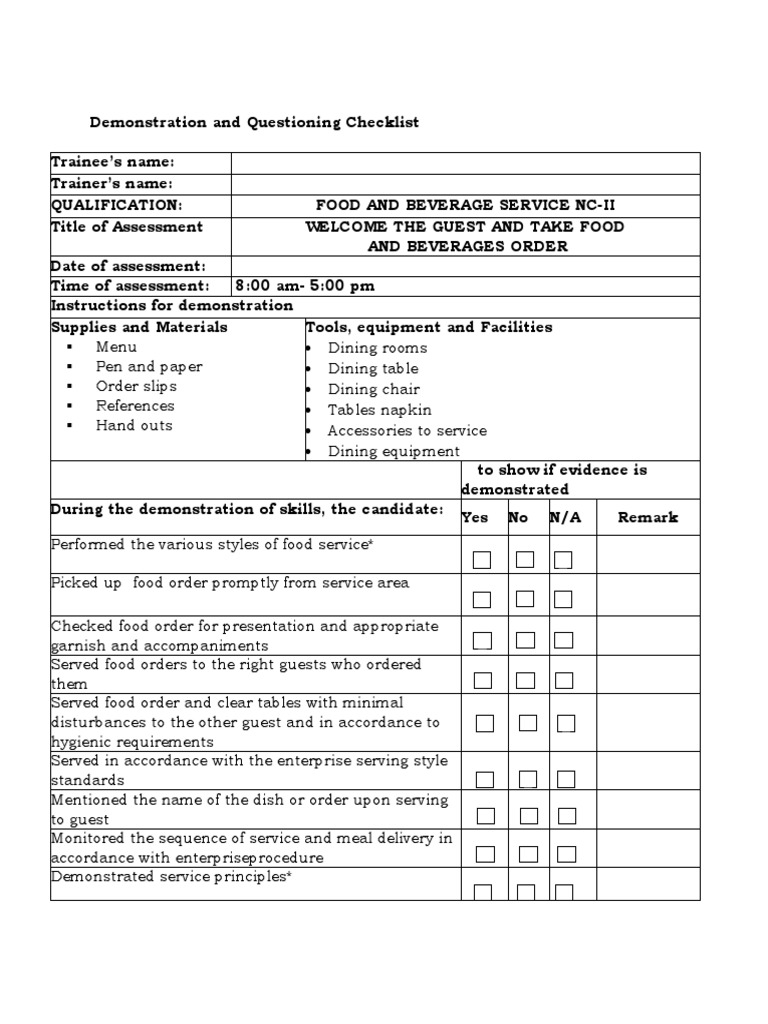 Demonstration and Questioning Checklist | PDF | Tableware | Restaurants