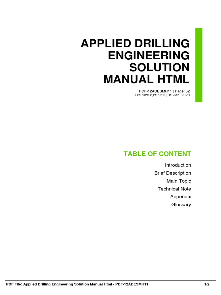 Applied Drilling Engineering Solution Manual HTML: Table of Content | PDF