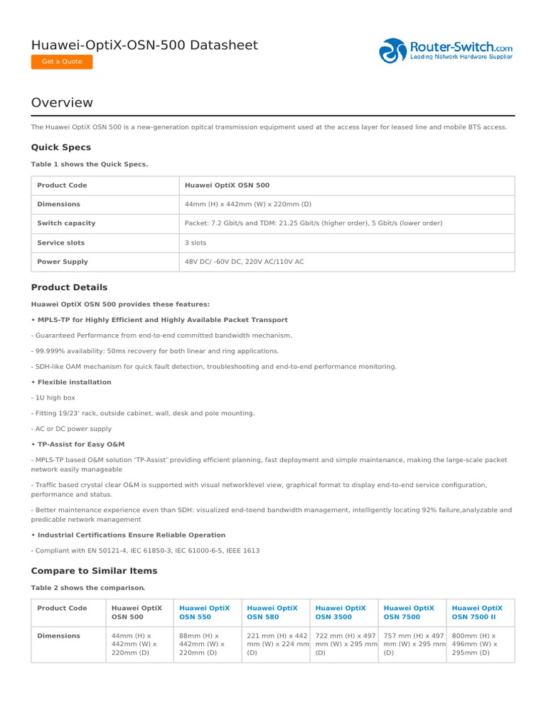 Huawei Optix Osn 500 Datasheet | PDF | Communications Protocols ...